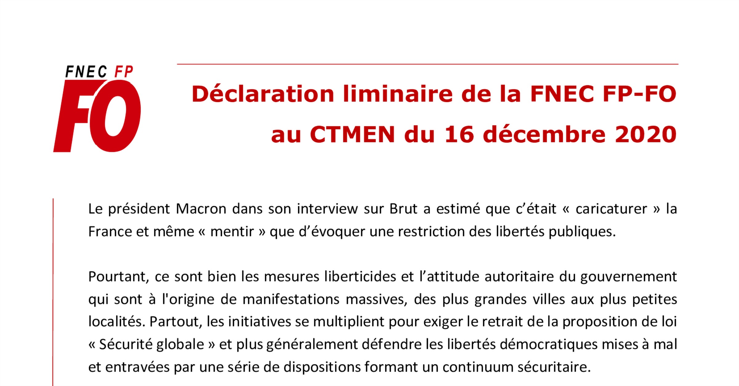 FNEC-FP FO : Déclaration liminaire de la FNEC FP-FO au CTMEN du 16 ...