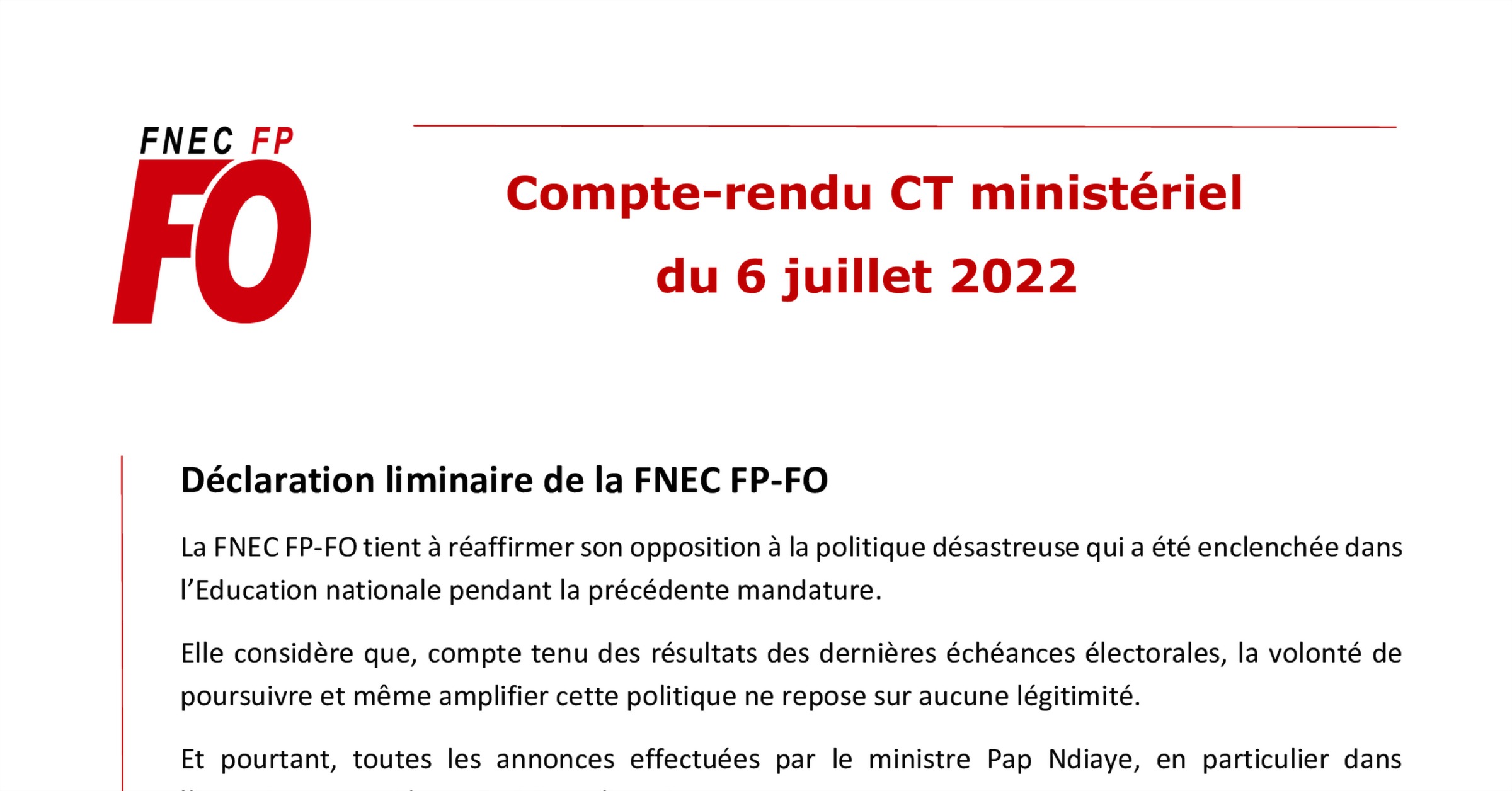 FNEC-FP FO : Compte-rendu FO du Comité ministériel du 6 juillet 2022