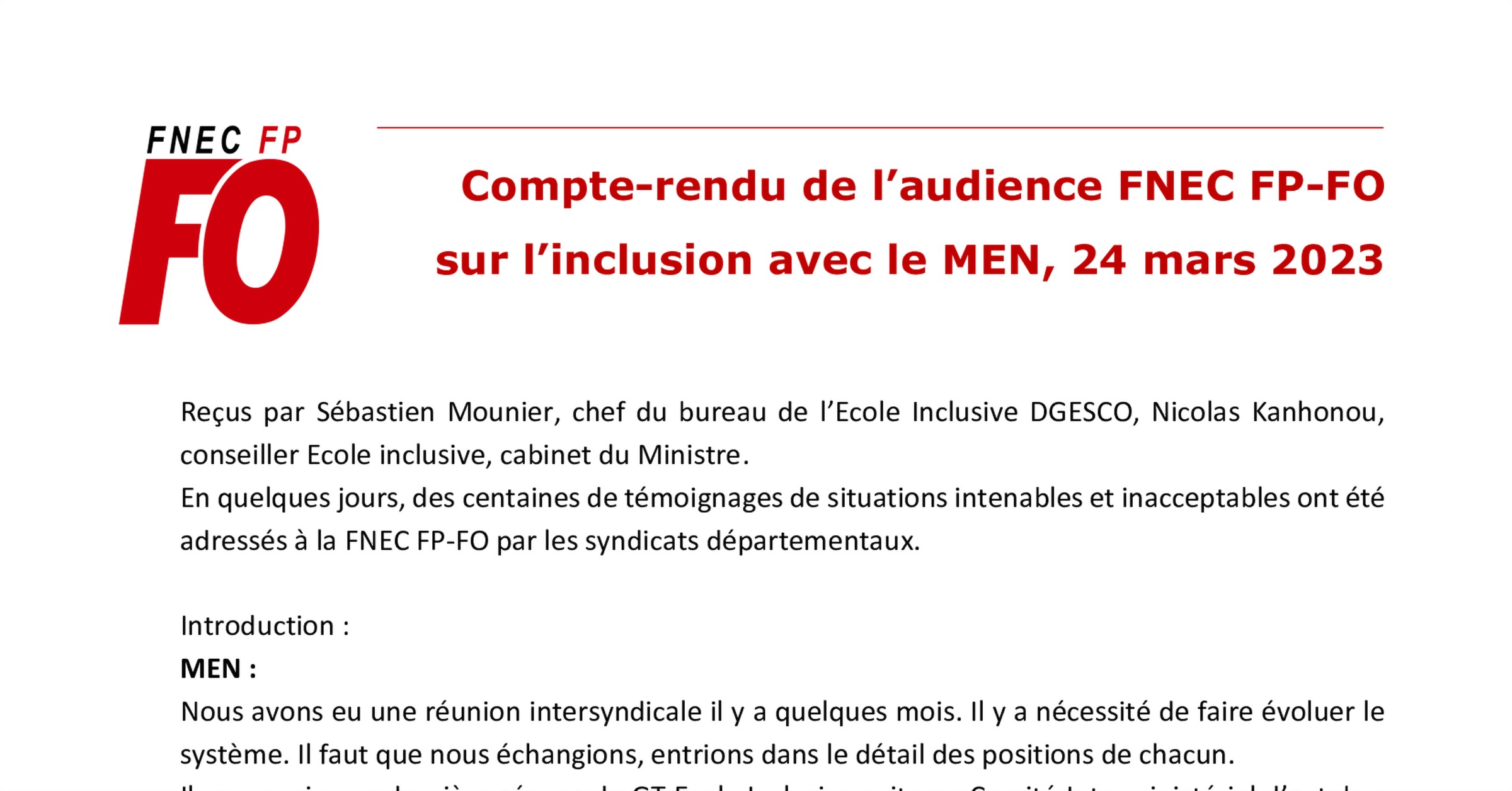 FNEC-FP FO : Compte-rendu de l’audience FNEC FP-FO sur l’inclusion avec ...