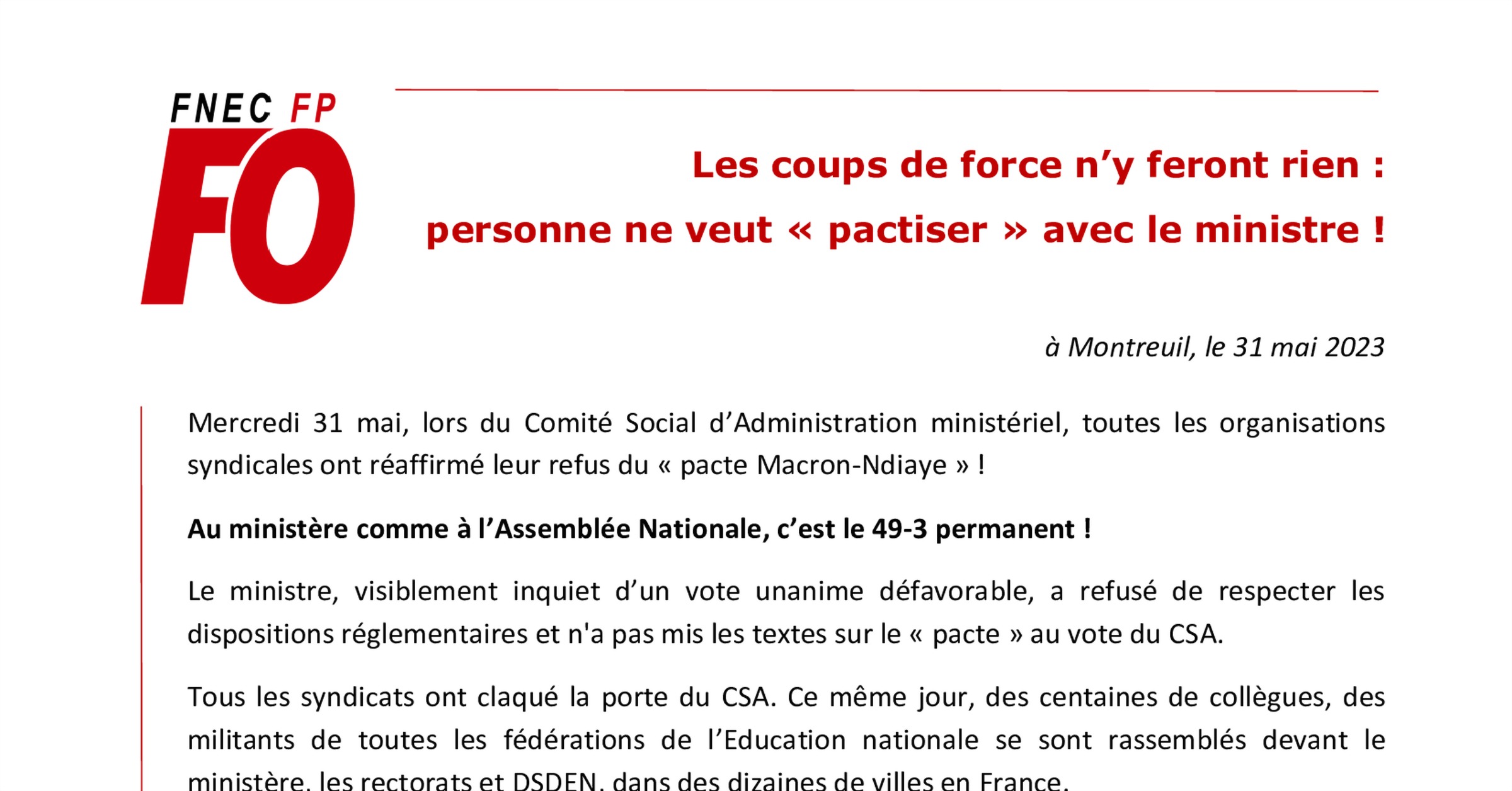 FNEC-FP FO : Les coups de force n’y feront rien : personne ne veut ...