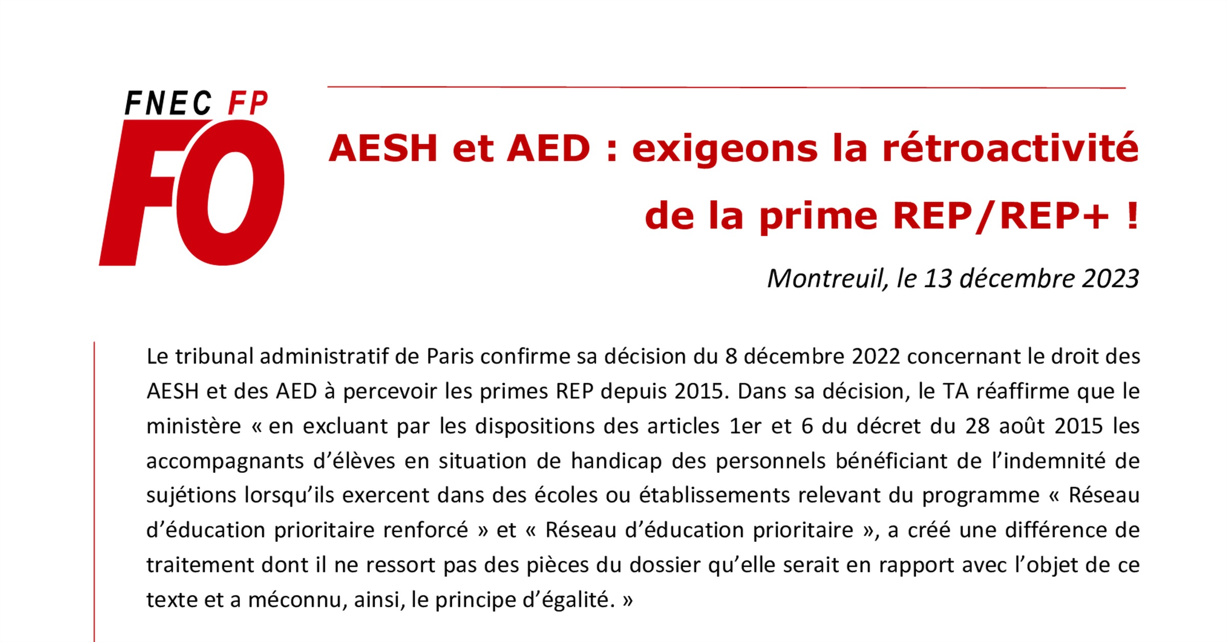 FNEC-FP FO : AESH et AED : exigeons la rétroactivité de la prime REP REP+